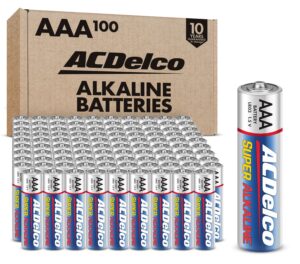 acdelco 100-count aaa batteries, maximum power super alkaline battery, 10-year shelf life, recloseable packaging