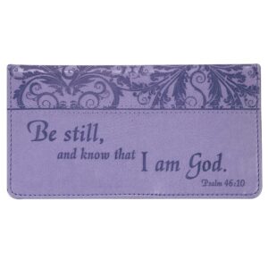 christian art gifts purple faux leather checkbook cover for women with inspirational scripture - be still - bi-fold checkbook cover for duplicate checks id credit cards & pen loop holder - psalm 46:10