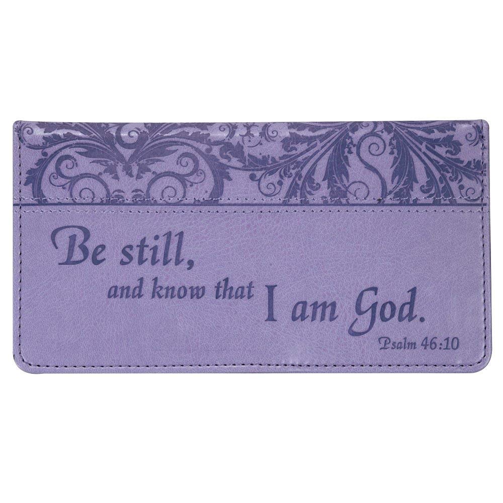 Christian Art Gifts Purple Faux Leather Checkbook Cover for Women with Inspirational Scripture - Be Still - Bi-fold Checkbook Cover for Duplicate Checks ID Credit Cards & Pen Loop Holder - Psalm 46:10