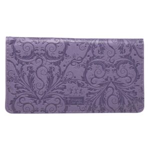 Christian Art Gifts Purple Faux Leather Checkbook Cover for Women with Inspirational Scripture - Be Still - Bi-fold Checkbook Cover for Duplicate Checks ID Credit Cards & Pen Loop Holder - Psalm 46:10