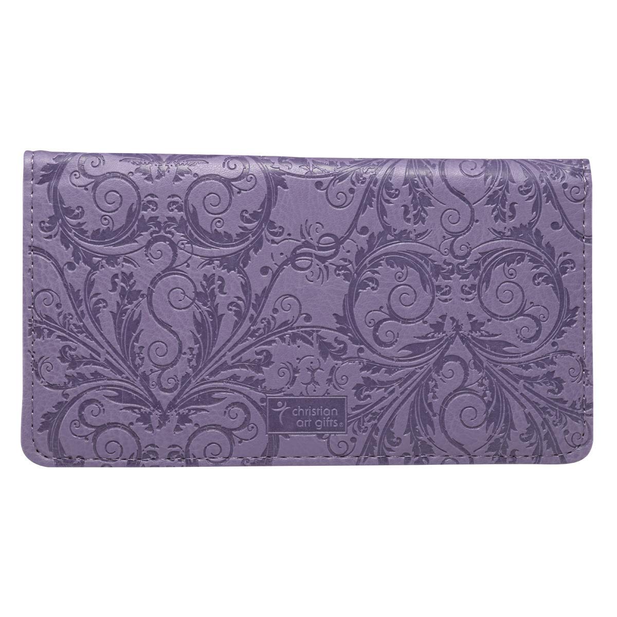 Christian Art Gifts Purple Faux Leather Checkbook Cover for Women with Inspirational Scripture - Be Still - Bi-fold Checkbook Cover for Duplicate Checks ID Credit Cards & Pen Loop Holder - Psalm 46:10