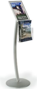 sign stand with aluminum snap open picture frame and clear acrylic brochure holder for 8.5x11 magazine, free standing poster display holder - aluminum and steel, silver