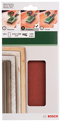 Bosch 2609256B22 Abrasive Sheets for Orbital Sanders 115 x 230 Self-Gripping System 14 Holes Grit Size 120 Pack of 10 Sheets