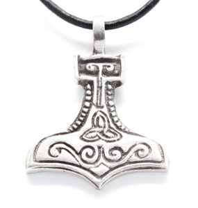 pewter thor's hammer with triquetra mjolnir viking pendant, leather necklace