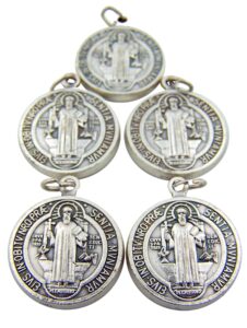 lot of 5 silver toned base tone saint benedict protection from evil sacremental devotion 1 inch medal - bomap official producer - 100% made in italy - no copy