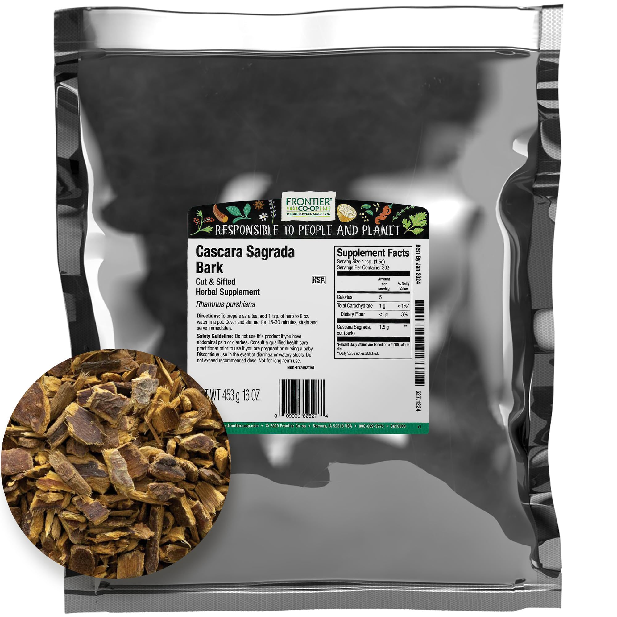 Frontier Co-op Cut & Sifted Wildcrafted Cascara Sagrada Bark 1lb - Aged Buckthorn Bark, Bulk Wholesale Bag