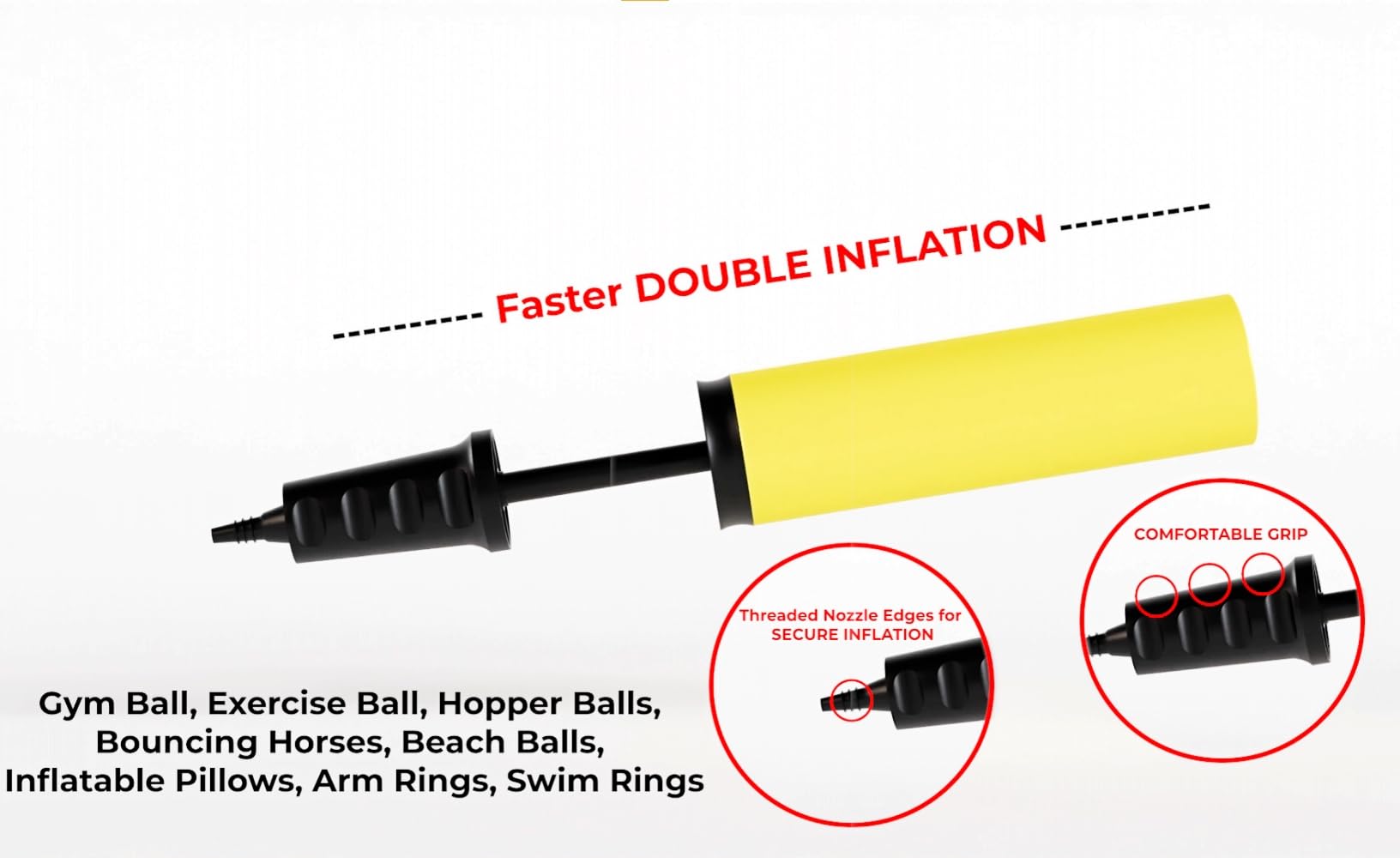 AppleRound Dual Action Hand Air Pump for: Gym Ball, Exercise Ball, Hippity Hop Bouncer, Hopper Balls, Inflatable Bouncing Horse (Pack of 1)