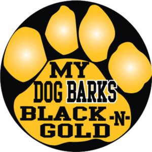 gift house my dog barks black n gold 1.25" button