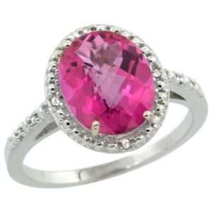 sterling silver diamond natural pink topaz ring oval 10x8mm, 1/2 inch wide, size 6