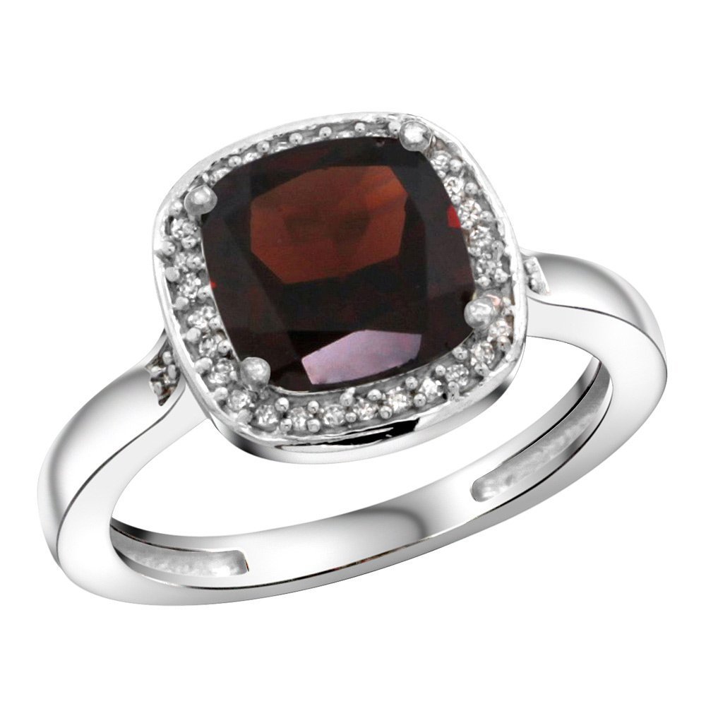 Sterling Silver Diamond Natural Garnet Ring Cushion-cut 8x8mm, 1/2 inch wide, size 7