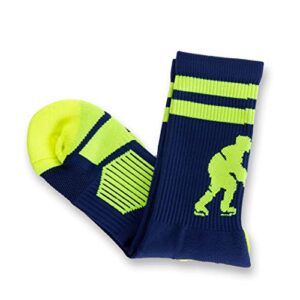 ChalkTalkSPORTS Hockey Half Cushioned Crew Socks | Hockey Player | Navy/Neon