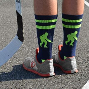 ChalkTalkSPORTS Hockey Half Cushioned Crew Socks | Hockey Player | Navy/Neon