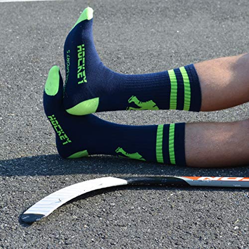 ChalkTalkSPORTS Hockey Half Cushioned Crew Socks | Hockey Player | Navy/Neon