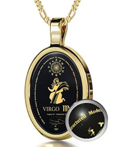 gold plated silver virgo necklace zodiac pendant gift for women birthday jewelry 23rd august - 22nd september gold inscribed on onyx, 18" rolo chain