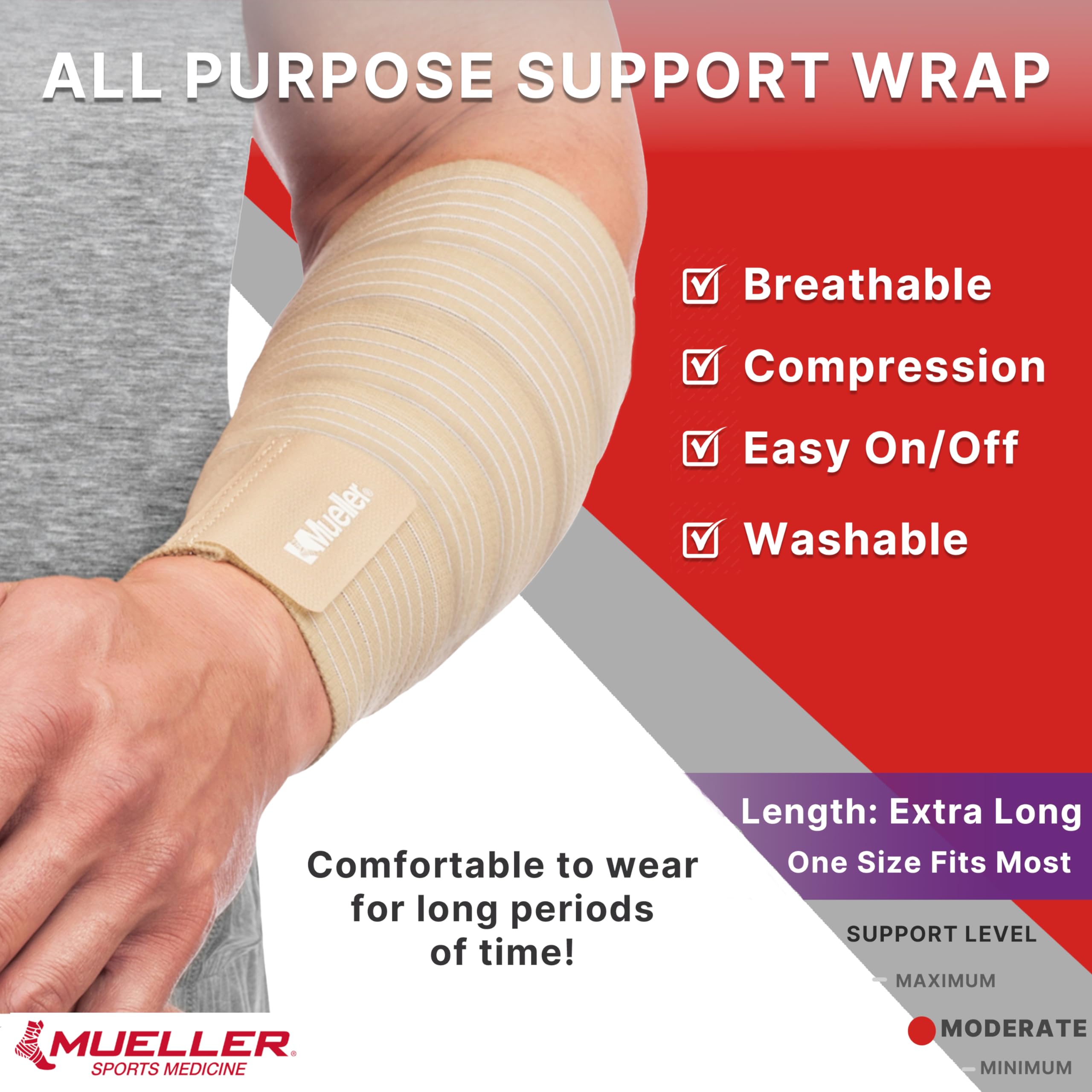 MUELLER Sports Medicine All-Purpose Support Wrap for Men and Women, Adjustable Compression for Joint and Muscle Support, Beige, Extra-Long