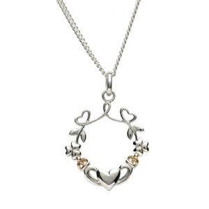 biddy murhphy irish sterling silver shamrock, traditional claddagh heart necklace, 10k gold crown accent, 7/8" inch, timeless celtic jewelry for women, imported from ireland