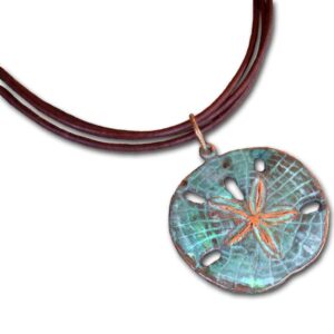 elaine coyne collectible artwear verdigris patina large brass sand dollar pendant on expresso leather - usa made