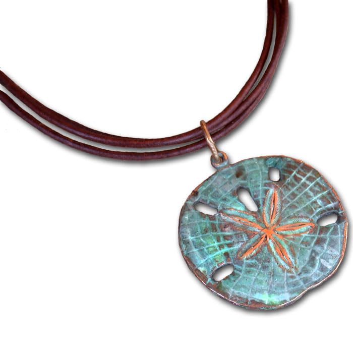 Elaine Coyne Collectible Artwear Verdigris Patina Large Brass Sand Dollar Pendant on Expresso Leather - USA Made