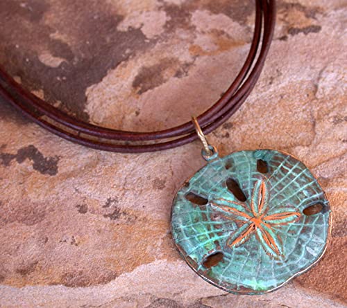 Elaine Coyne Collectible Artwear Verdigris Patina Large Brass Sand Dollar Pendant on Expresso Leather - USA Made