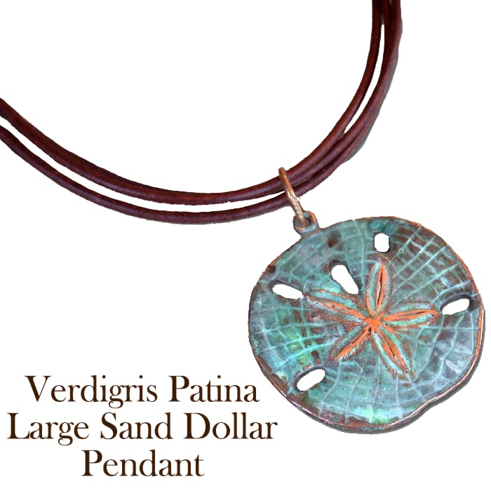 Elaine Coyne Collectible Artwear Verdigris Patina Large Brass Sand Dollar Pendant on Expresso Leather - USA Made