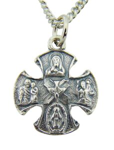 cb silver toned base four way dove center scapular maltese cross medal, 3/4 inch