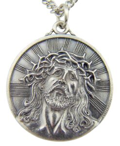 cb silver toned base thorn crown ecce homo sorrowful jesus christ head medal, 1 1/8 inch