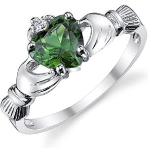 Sterling Silver 925 Irish Claddagh Friendship & Love Ring with Simulated Emerald Green Color Heart Cubic Zirconia 6