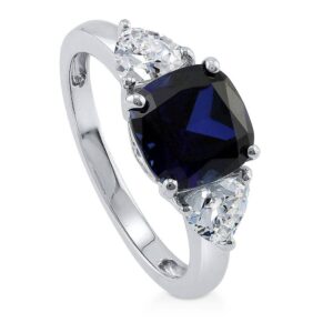 berricle sterling silver 3-stone wedding engagement rings simulated blue sapphire cushion cut cubic zirconia cz anniversary ring for women, rhodium plated size 6