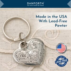 DANFORTH Florentine Heart Keychain Handcrafted Pewter Love Keychain For Her – 1 ½” Tall, Made In USA