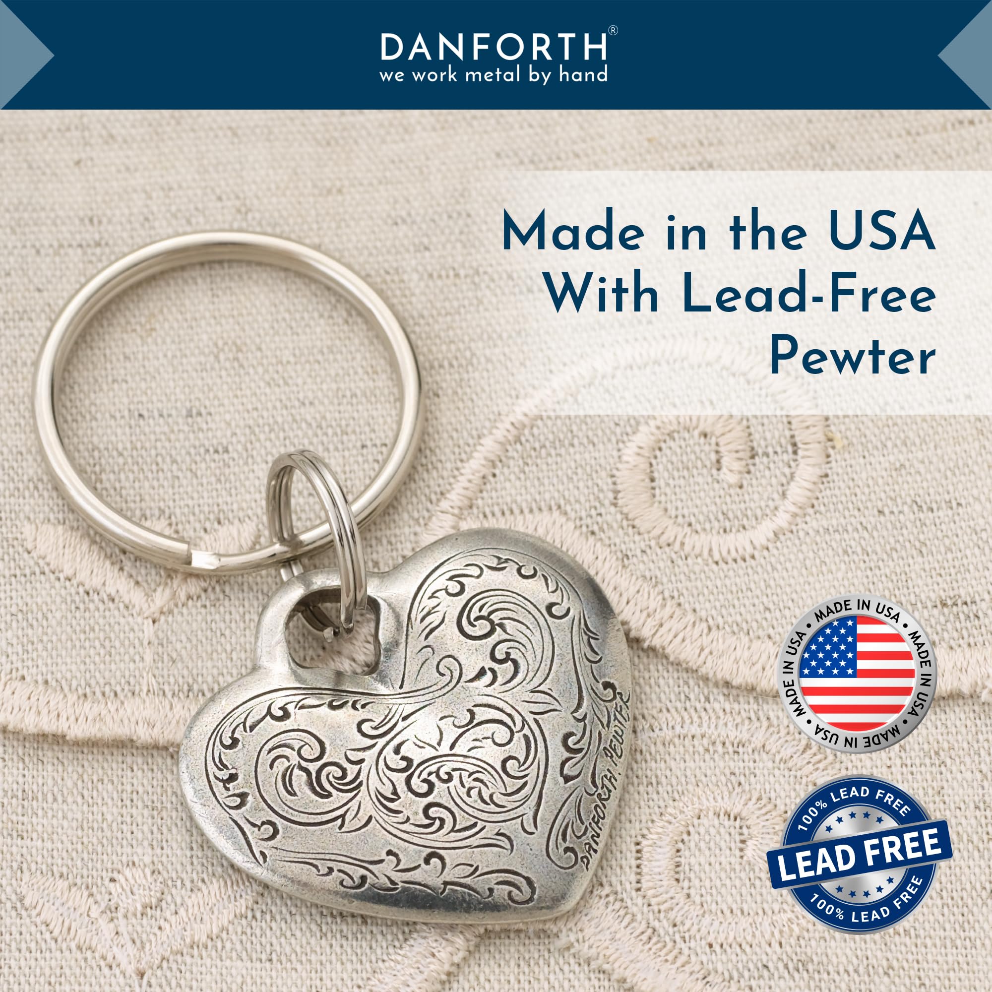 DANFORTH Florentine Heart Keychain Handcrafted Pewter Love Keychain For Her – 1 ½” Tall, Made In USA