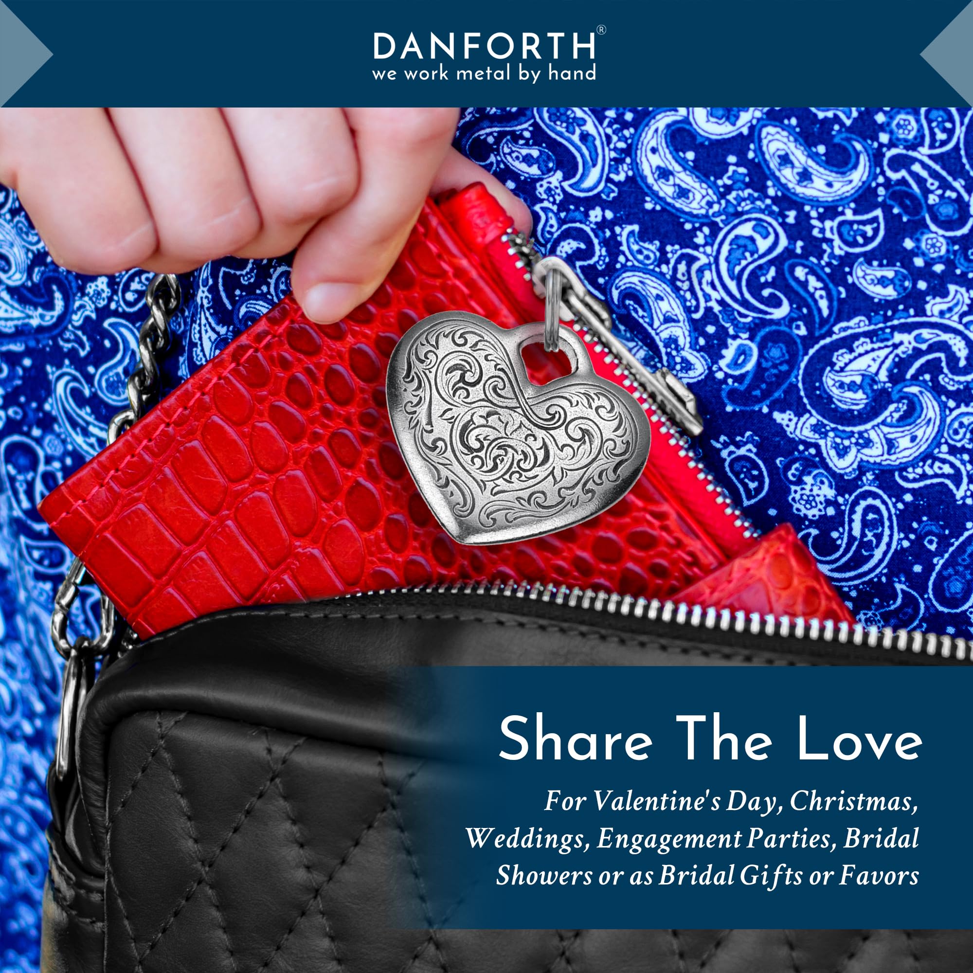 DANFORTH Florentine Heart Keychain Handcrafted Pewter Love Keychain For Her – 1 ½” Tall, Made In USA