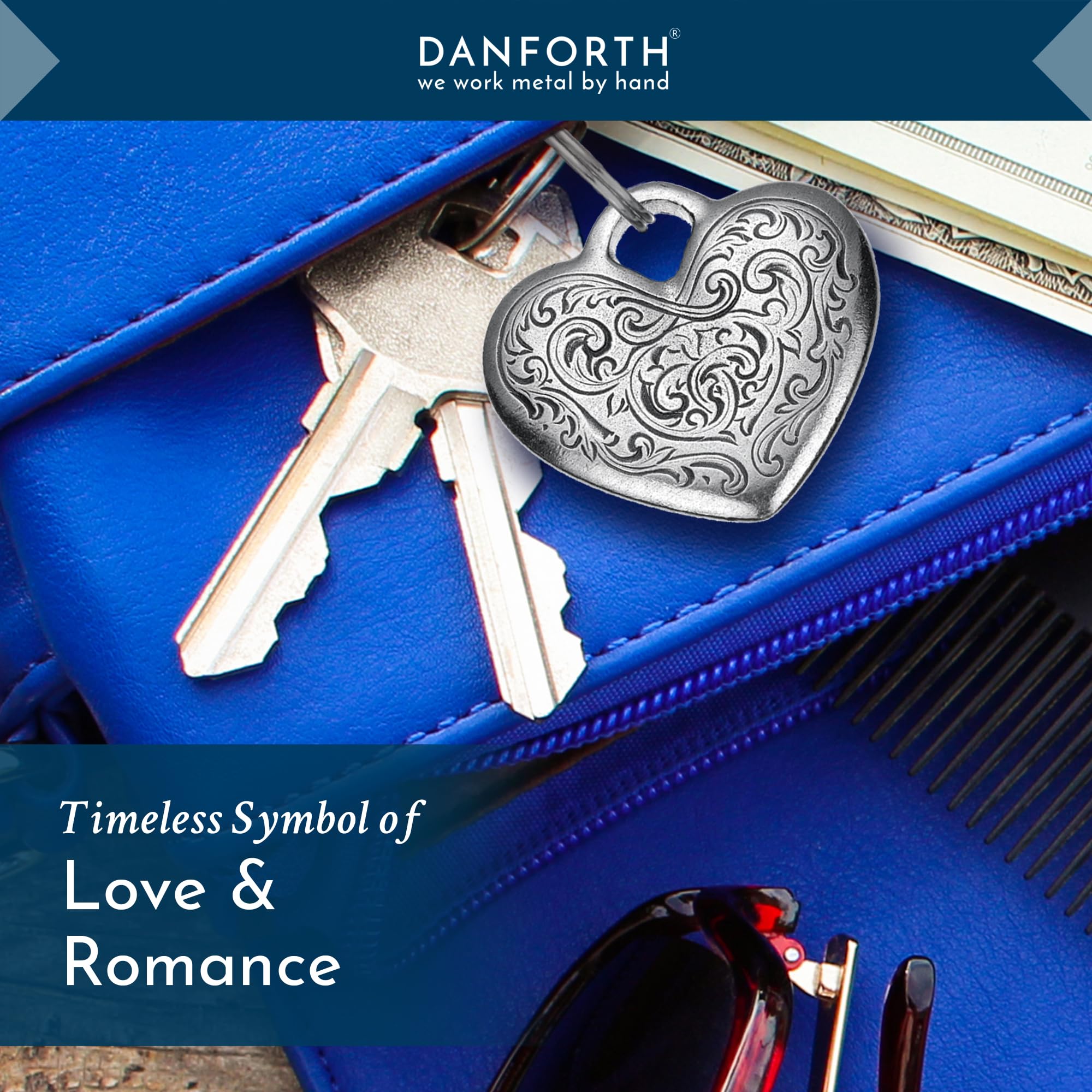 DANFORTH Florentine Heart Keychain Handcrafted Pewter Love Keychain For Her – 1 ½” Tall, Made In USA