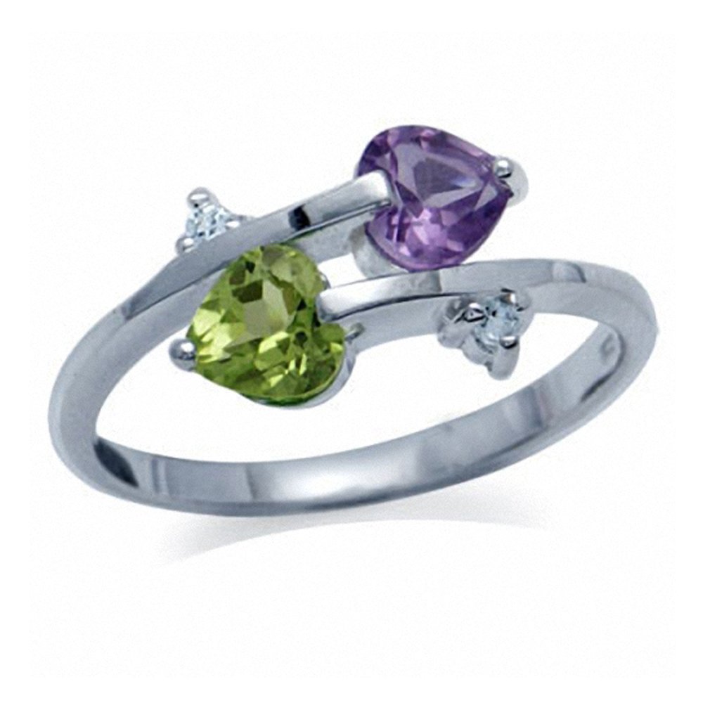 Silvershake Natural Amethyst Peridot and White Topaz 925 Sterling Silver Twin Heart Ring Size 5