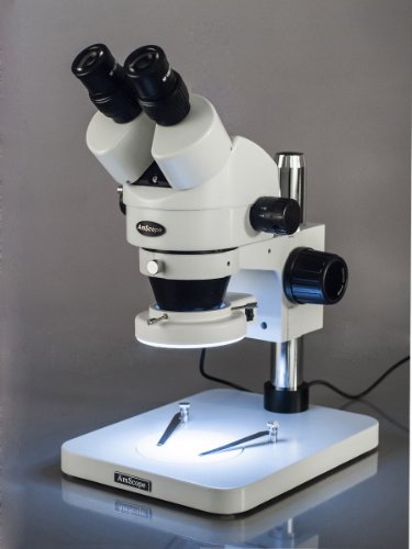 AmScope SM-1BS-64S Professional Binocular Stereo Zoom Microscope, WH10x Eyepieces, 7X-45X Magnification, 0.7X-4.5X Zoom Objective, 64-Bulb LED Ring Light, Pillar Stand, 110V-240V