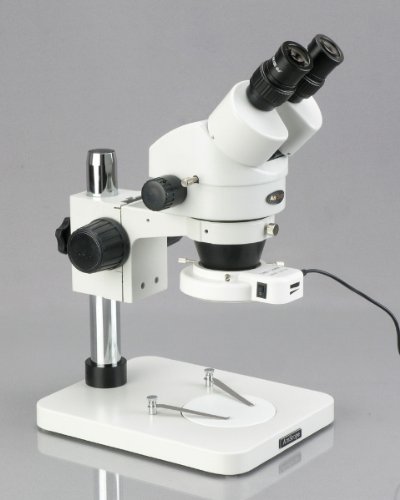 AmScope SM-1BS-64S Professional Binocular Stereo Zoom Microscope, WH10x Eyepieces, 7X-45X Magnification, 0.7X-4.5X Zoom Objective, 64-Bulb LED Ring Light, Pillar Stand, 110V-240V