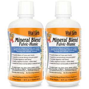 vital earth minerals fulvic humic mineral blend liquid 2-pack – fulvic acid supplement with 70+ trace minerals, electrolytes for recovery, balance & energy, 32 oz ea + 1 oz cup ea