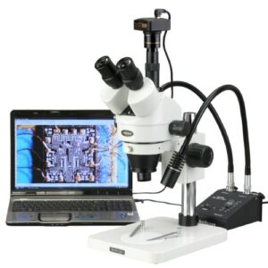 amscope sm-1tsw2-l6w-m digital professional trinocular stereo zoom microscope, wh10x and wh25x eyepieces, 3.5x-225x magnification, 0.7x-4.5x zoom objective, 6w dual-gooseneck led light, pillar stand, 85v-265v, includes 0.5x and 2.0x barlow lenses, include