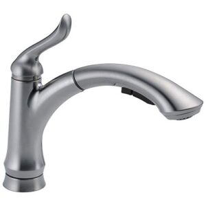 delta faucet linden single-handle kitchen sink faucet with pull out sprayer, arctic stainless 4353-ar-dst