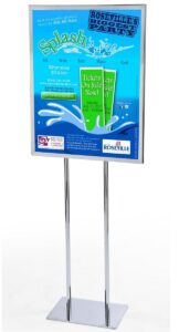 free-standing metal poster frame for 22 x 28 posters, chrome finish, top loading sign stand with two-legged post