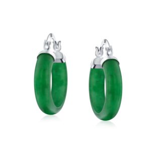 Medium Size Enhanced Gemstone Green Jade Round Tube Hoop Earrings Western Jewelry For Women Teen .925 Sterling Silver .75 Inch Diameter