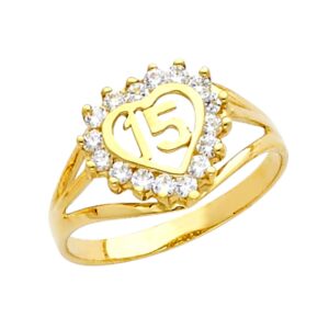 quinceanera jewelry 14k yellow gold cubic zirconia ‘15’ fifteen heart ring - size 7