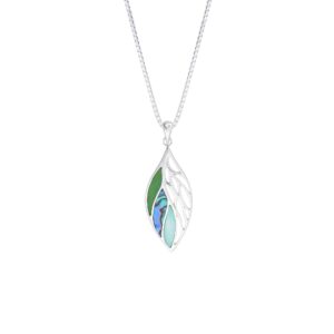 boma jewelry sterling silver green turquoise, abalone, green mother-of-pearl leaf necklace, 20 inches