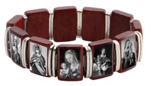 catholica shop madonna cherry wood bracelet | assorted black and white images of madonna i wooden stretchable bracelet i catholic bracelets women i religious bracelet