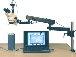 amscope sm-8tz-144s-10m digital professional trinocular stereo zoom microscope, wh10x eyepieces, 3.5x-90x magnification, 0.7x-4.5x zoom objective, 144-bulb led ring light, articulating-arm boom stand, 110v-240v, includes 0.5x and 2.0x barlow lenses and 10