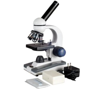 amscope m150c-ps10 compound monocular microscope, wf10x and wf25x eyepieces, 40x-1000x magnification, led illumination, brightfield, single-lens condenser, coaxial coarse and fine focus, plain stage, 110v, includes set of 10 prepared slides