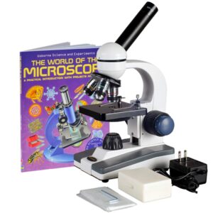 amscope m150c-ps25-wm compound monocular microscope, wf10x and wf25x eyepieces, 40x-1000x magnification, led illumination, brightfield, single-lens condenser, coaxial coarse and fine focus, plain stage, 110v, includes set of 25 prepared slides and book