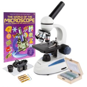 amscope m158c-ps25-wm cordless compound monocular microscope, wf10x and wf25x eyepieces, 40x-1000x magnification, led illumination with rheostat, brightfield, single-lens condenser, coaxial coarse and fine focus, plain stage, 110v or battery-powered, incl