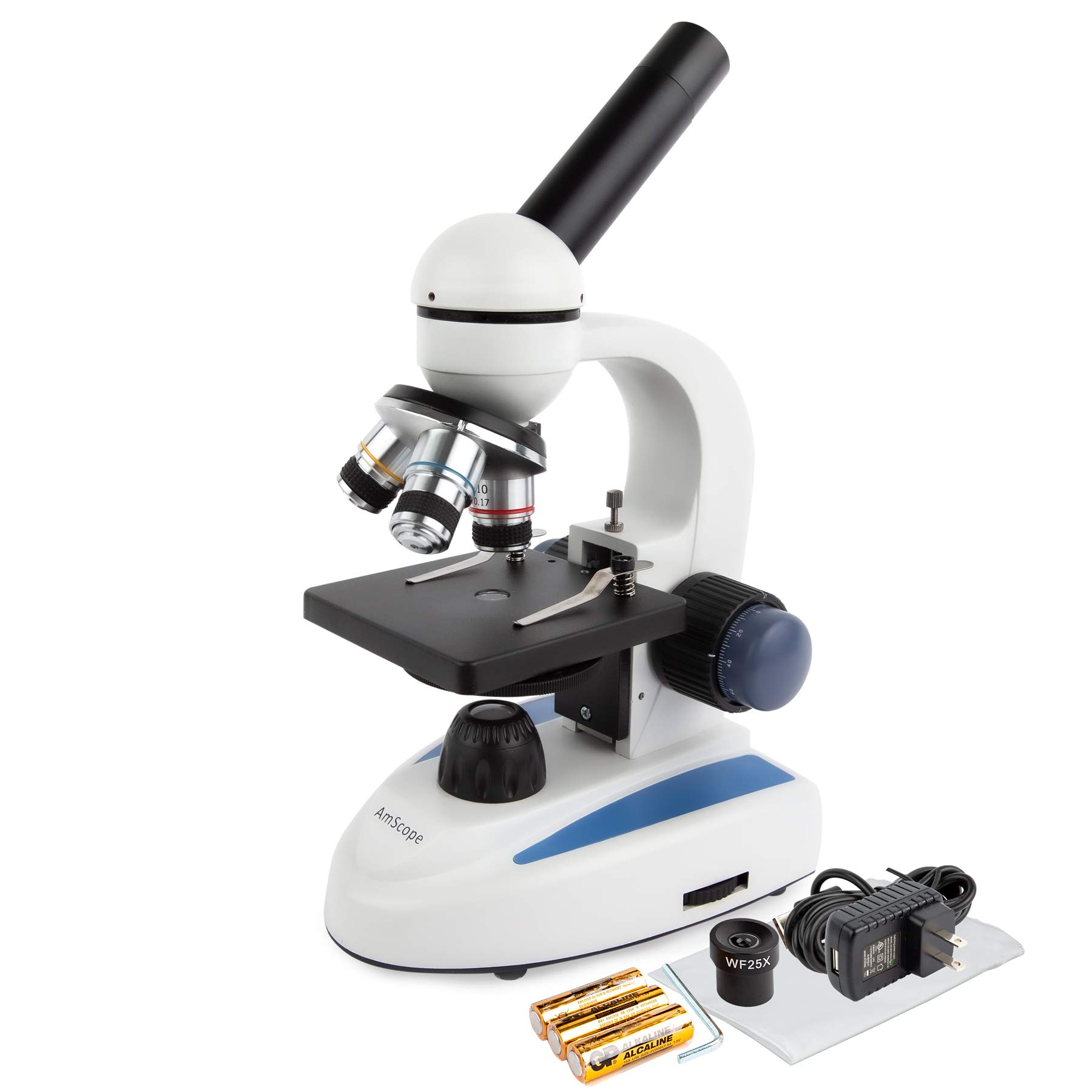 AmScope M158C-PS25-WM Cordless Compound Monocular Microscope, WF10x and WF25x Eyepieces, 40x-1000x Magnification, LED Illumination with Rheostat, Brightfield, Single-Lens Condenser, Coaxial Coarse and Fine Focus, Plain Stage, 110V or Battery-Powered, Incl