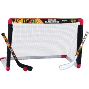 franklin sports chicago blackhawks mini hockey set - knee hockey goal, ball, & 2 hockey stick combo set - mini goal net - nhl official hockey set