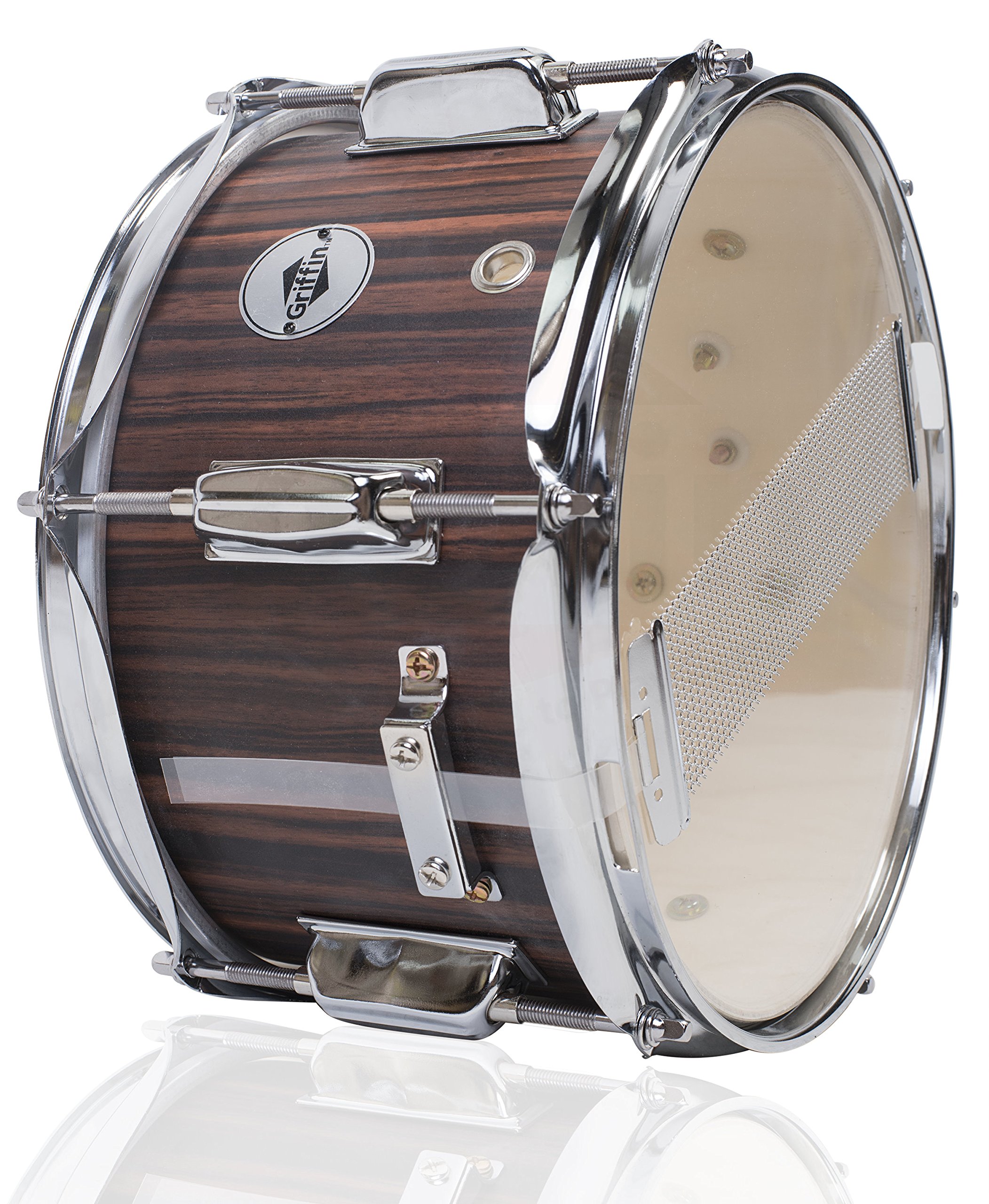 GRIFFIN Firecracker Snare Drum | Acoustic Popcorn 10" x 6" Poplar Mini Wood Shell & Black Hickory PVC | Concert Marching Percussion Musical Instrument with Deluxe Snare Throw Off, Drummers Key & Head